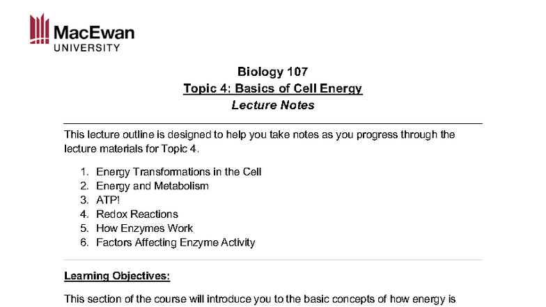 Biology 107 Topic 4: Cell Energy & Enzyme Function Lecture Notes - Studocu