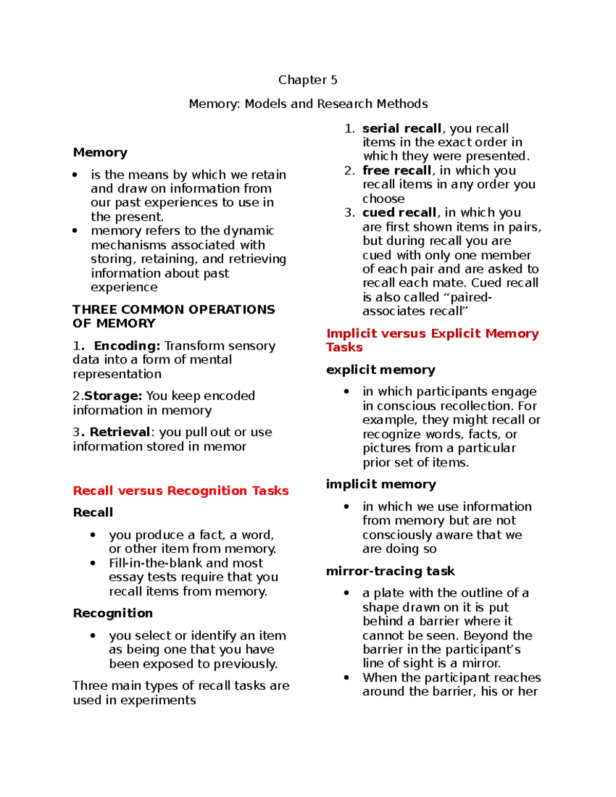 Cogpsy - CH5 - Memory Models and Research Methods Notes - Studocu
