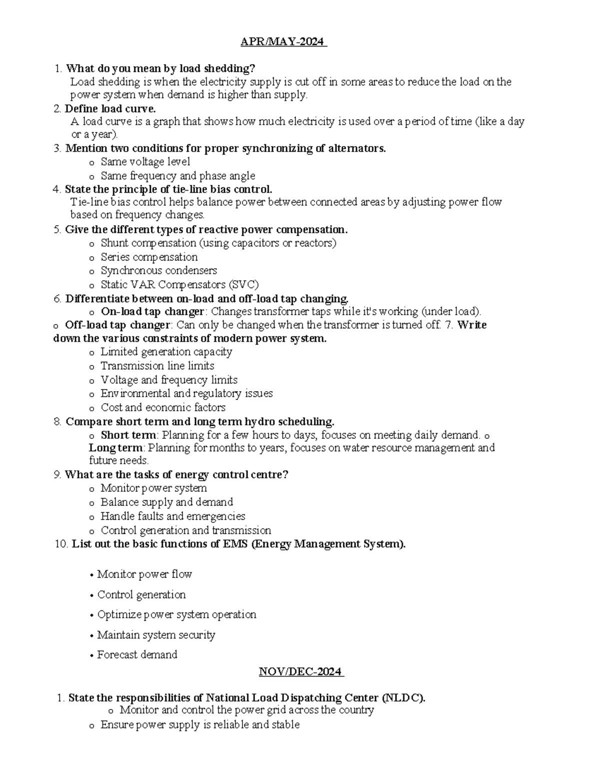 Power System Engineering: Year Questions & Answers (2 Marks) - Studocu
