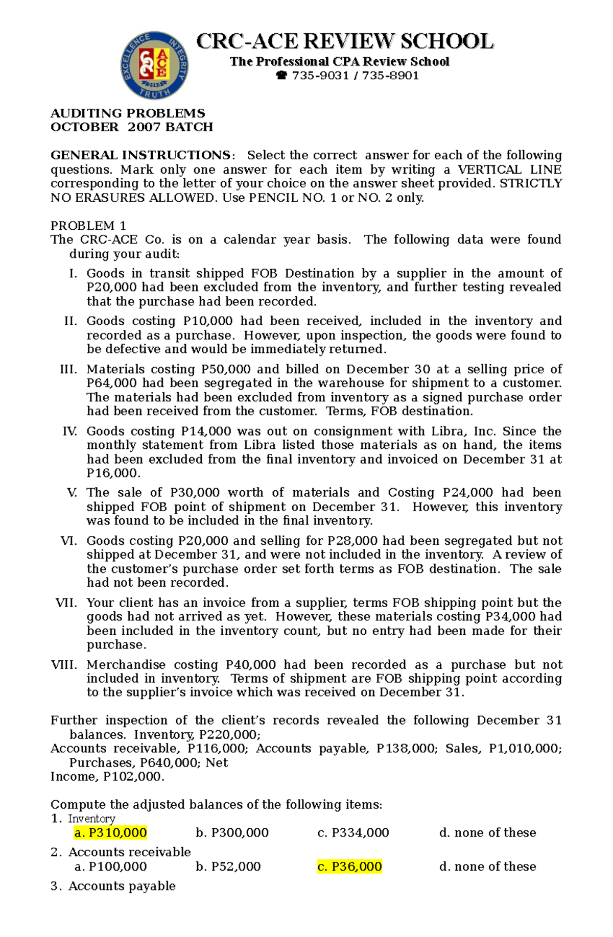 REVIEW SCHOOL CPA AUDITING PROBLEMS OCTOBER 2007 SUMMARY - Studocu