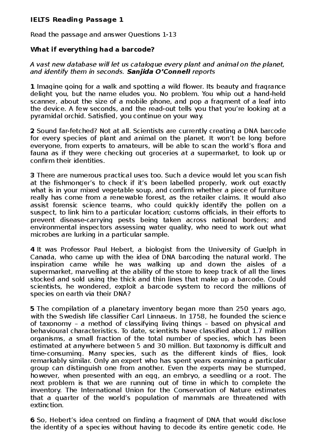 IELTS Reading Passage 1: Exploring DNA Barcoding and Its Impact - Studocu