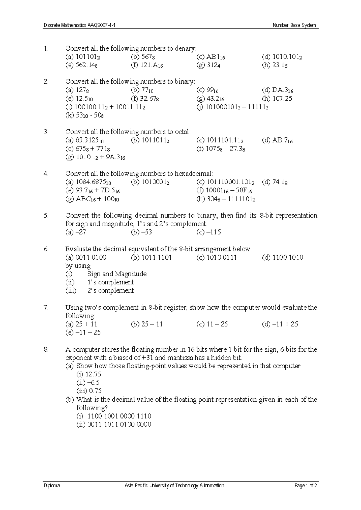DM AAQS007-4-1 Number Base System - Tutorial Questions Chapter 1 - Studocu
