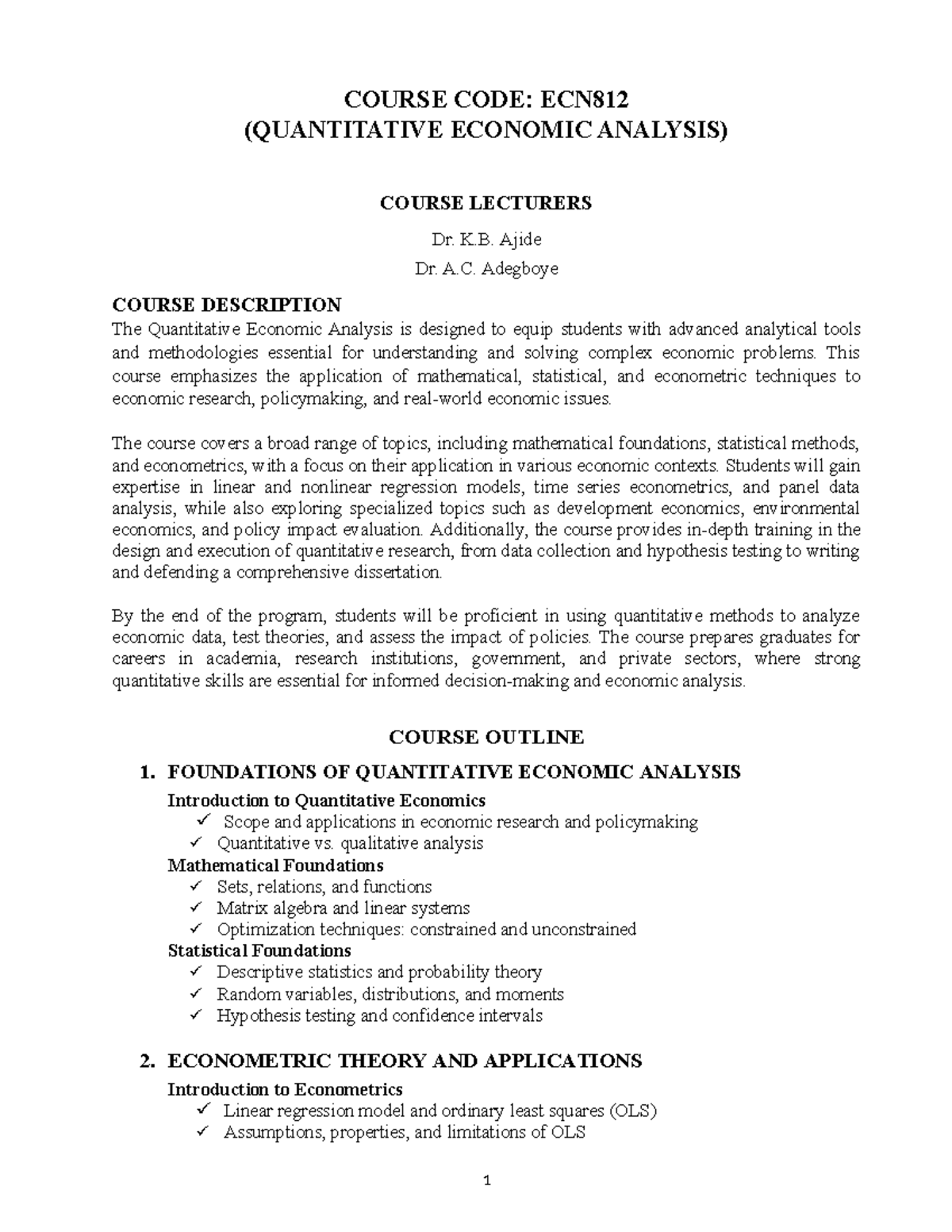 ECN812 Quantitative Economic Analysis Course Outline and Topics - Studocu