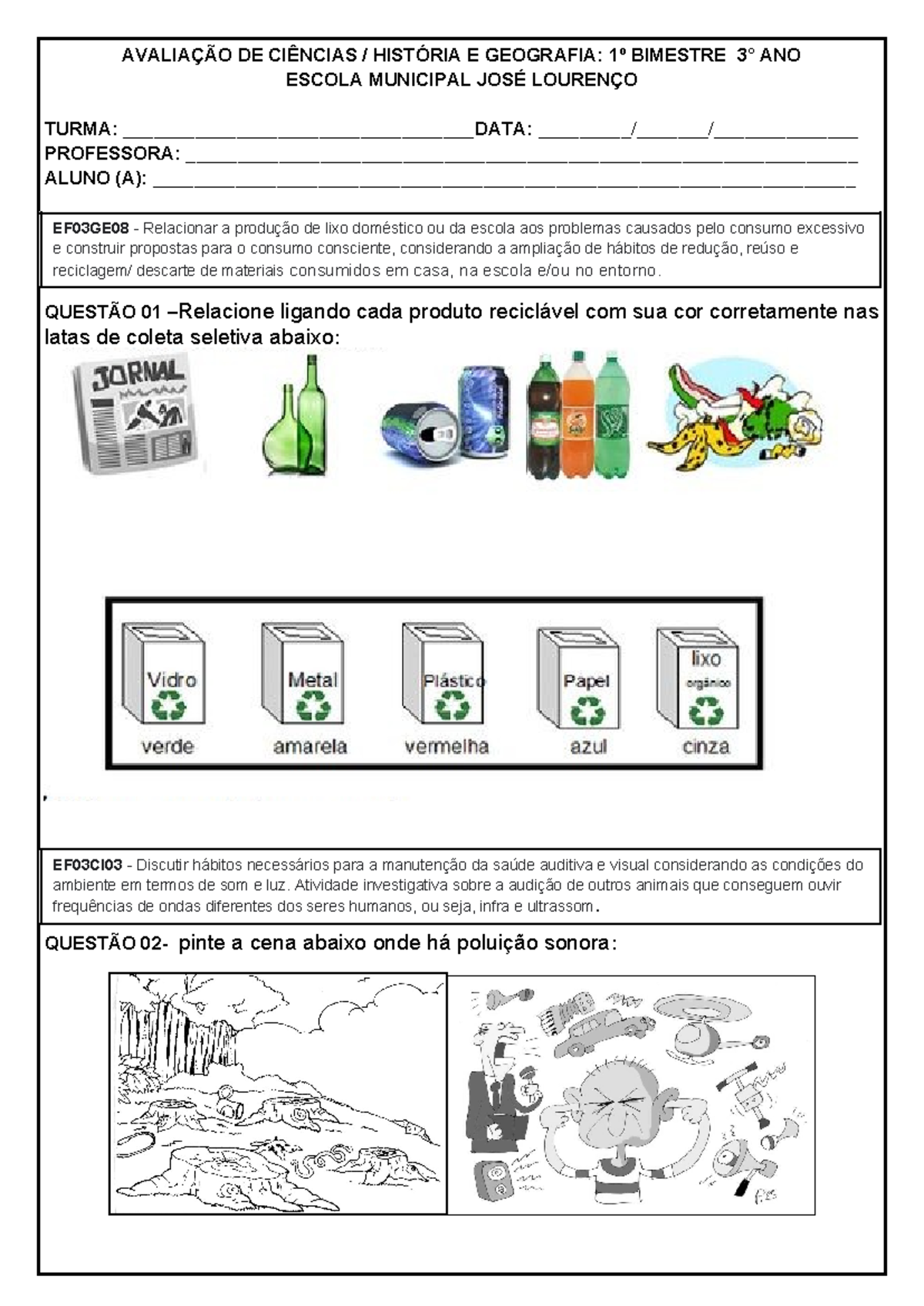 Avaliação de Ciências, História e Geografia - 3° Ano - 1º Bimestre ...