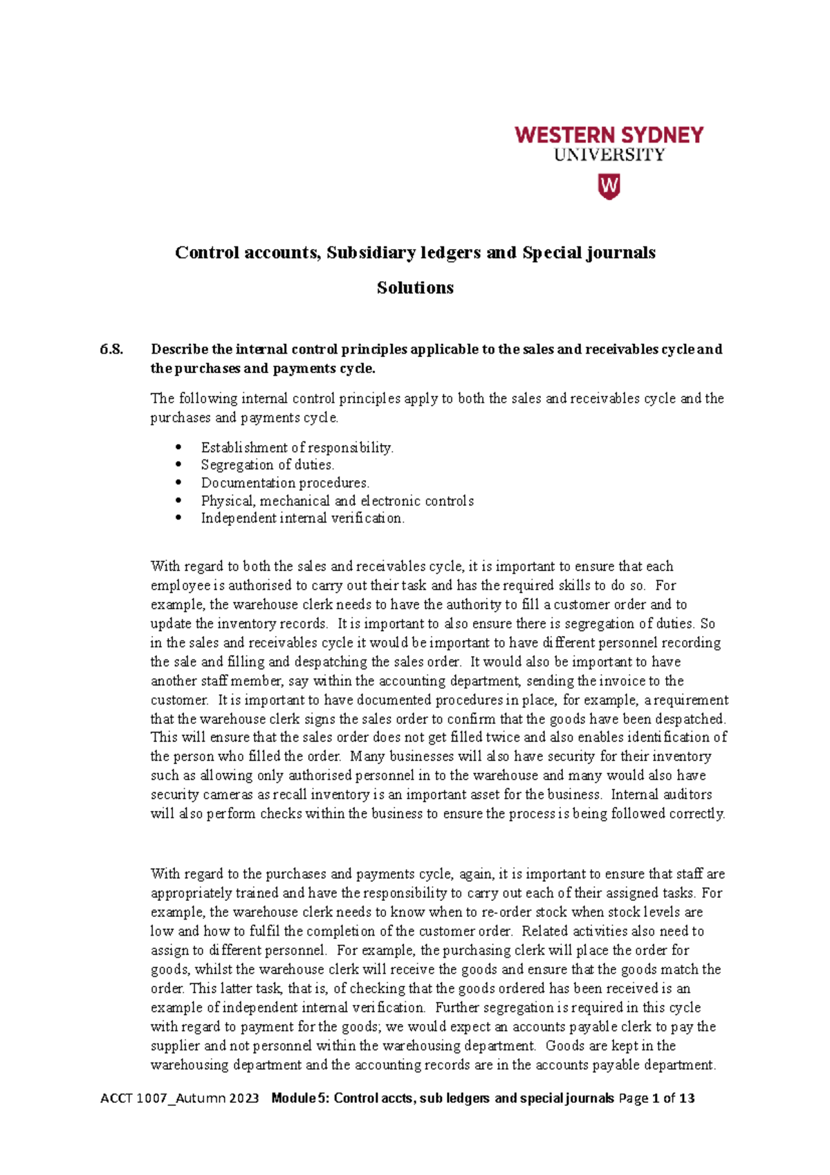 Module 5 Discussion Questions Solutions: Internal Controls & Ledgers ...