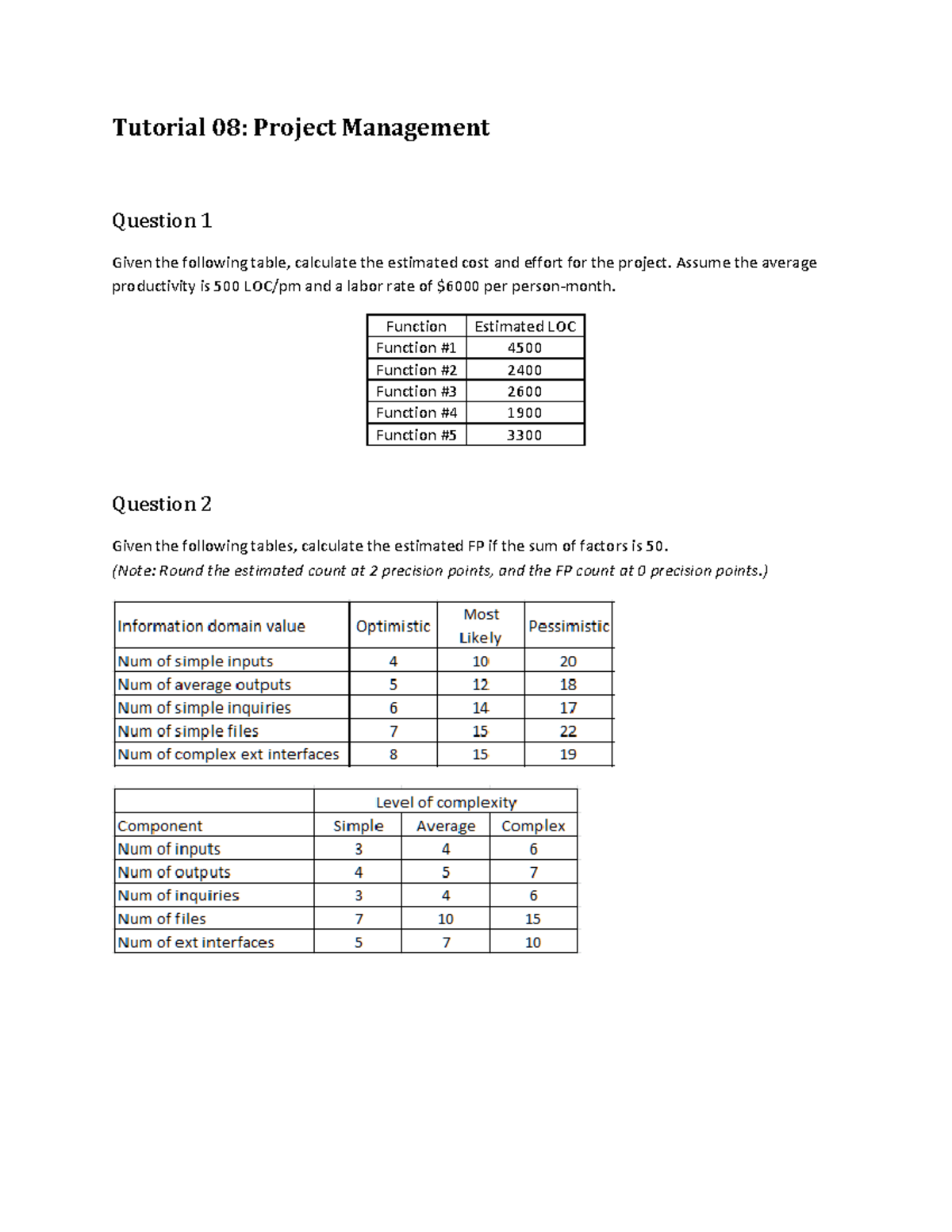 Tutorial 08: Project Management Cost & Effort Estimation Questions - Studocu