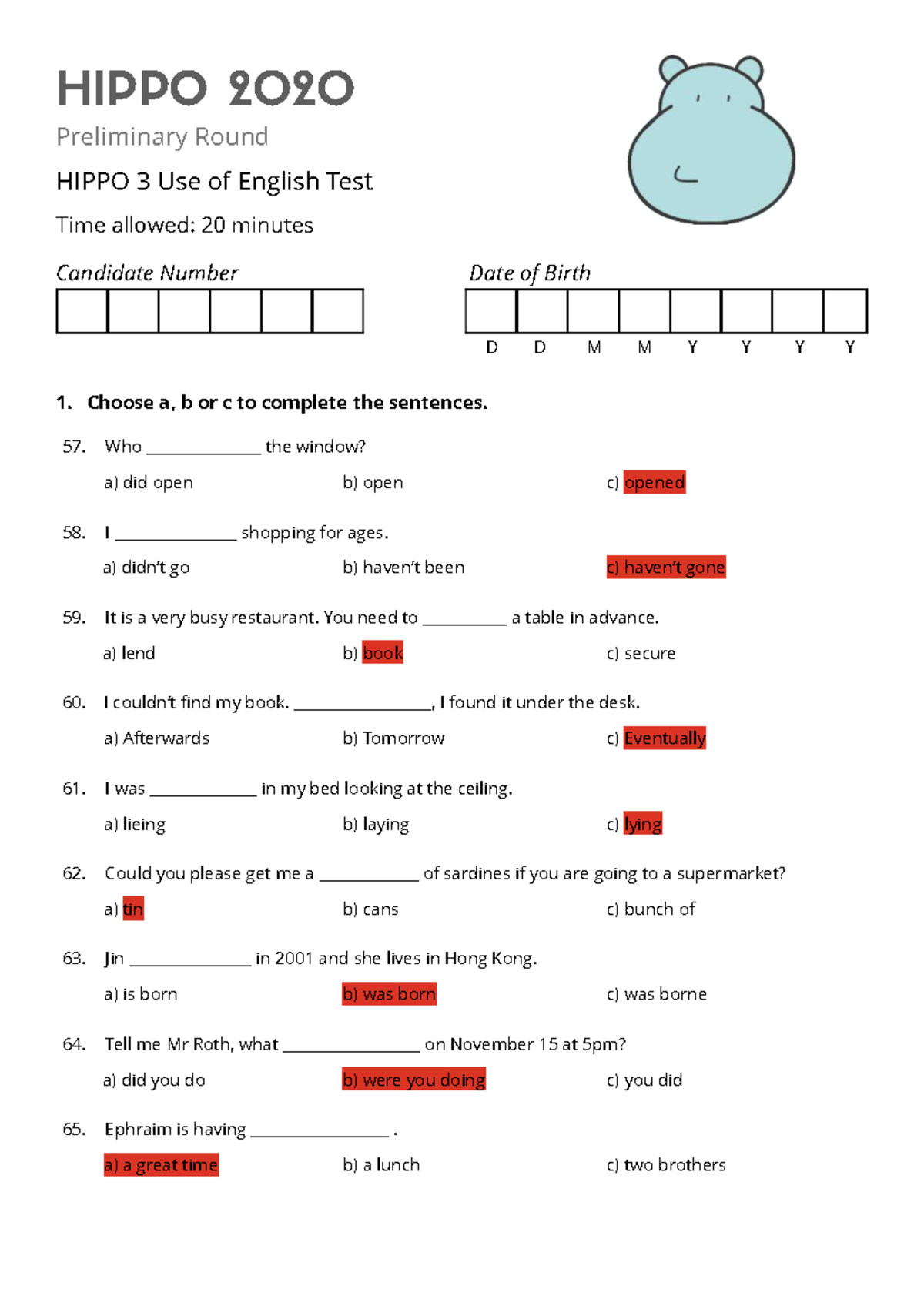 Hippo 3 Use of English test answers - preliminary round 2020 - Studocu
