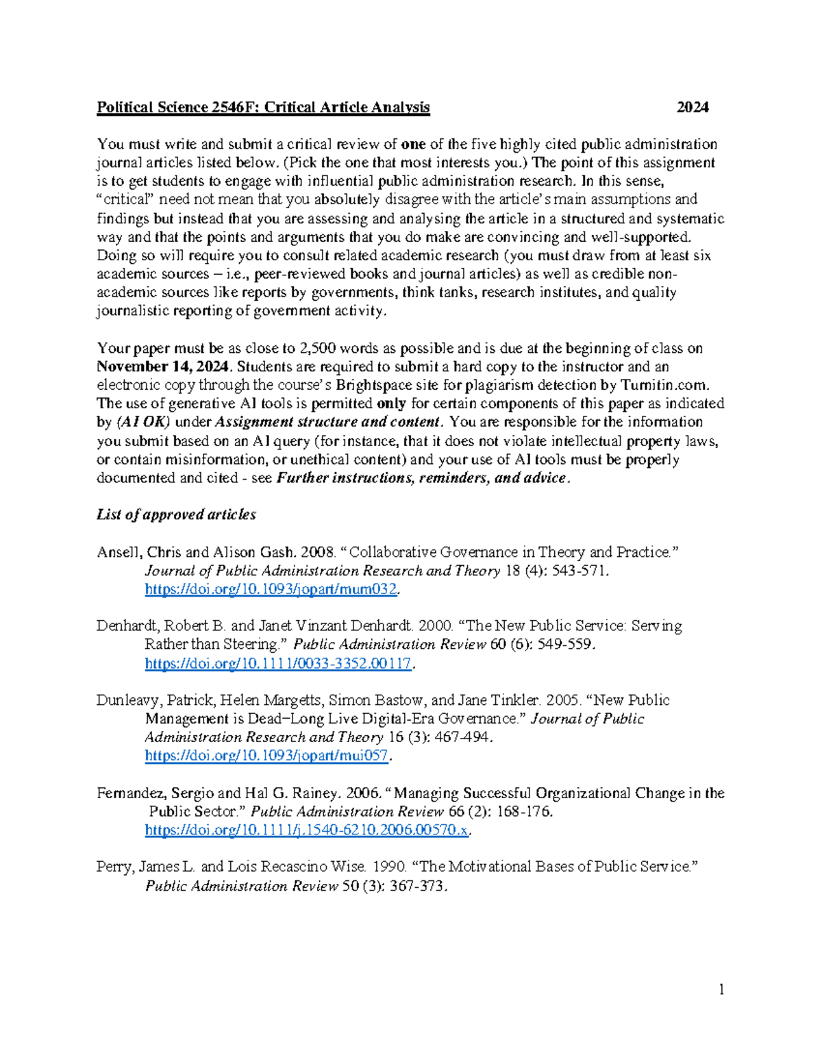 Critical Article Analysis Instructions Final - Political Science 2546F ...