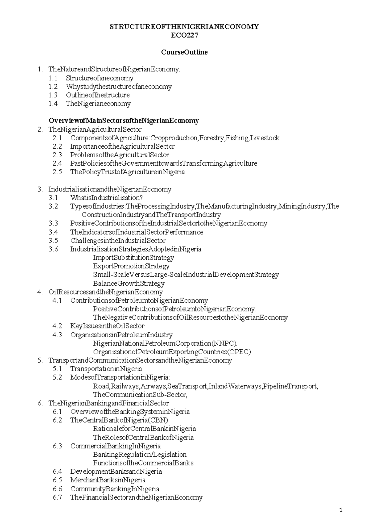 ECO227: Structure of the Nigerian Economy Course Outline - Studocu