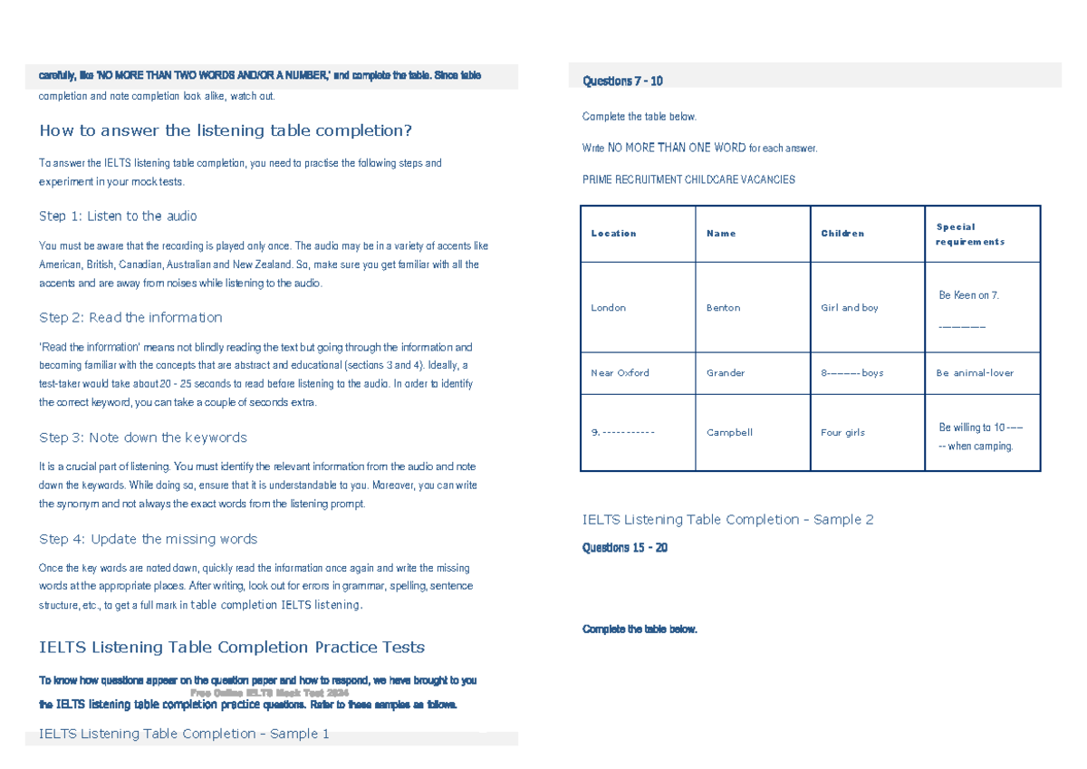 IELTS Listening Table Completion Guide and Practice Tests - Studocu
