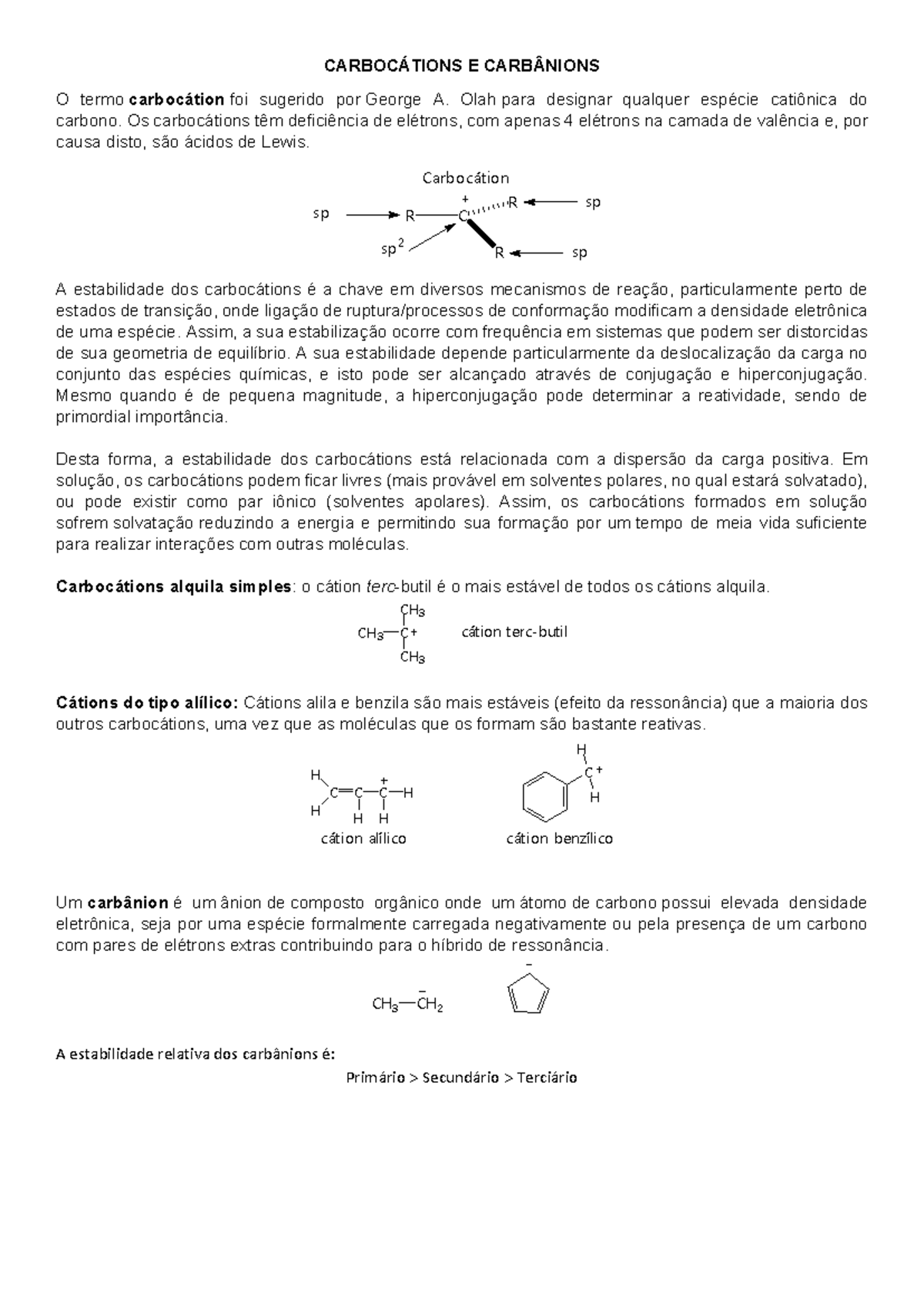 Resumo - Carbocátions e Carbânions na Química Orgânica - Studocu