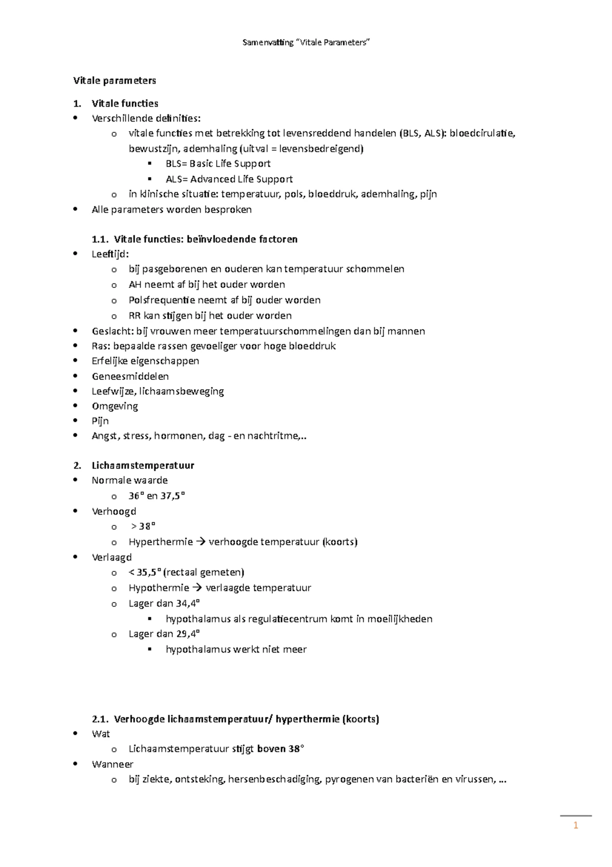Samenvatting 'Vitale parameters' - Vitale parameters 1. Vitale functies ...