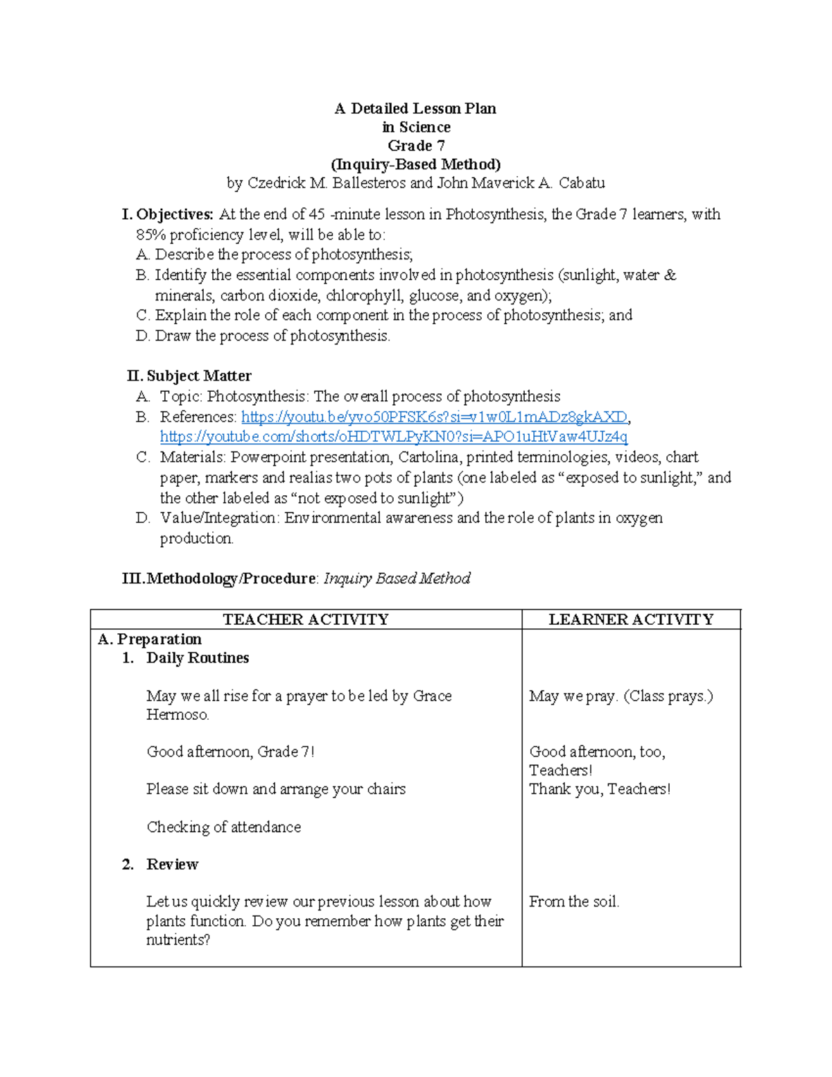 Inquiry- Based Method Science 2 - A Detailed Lesson Plan in Science ...