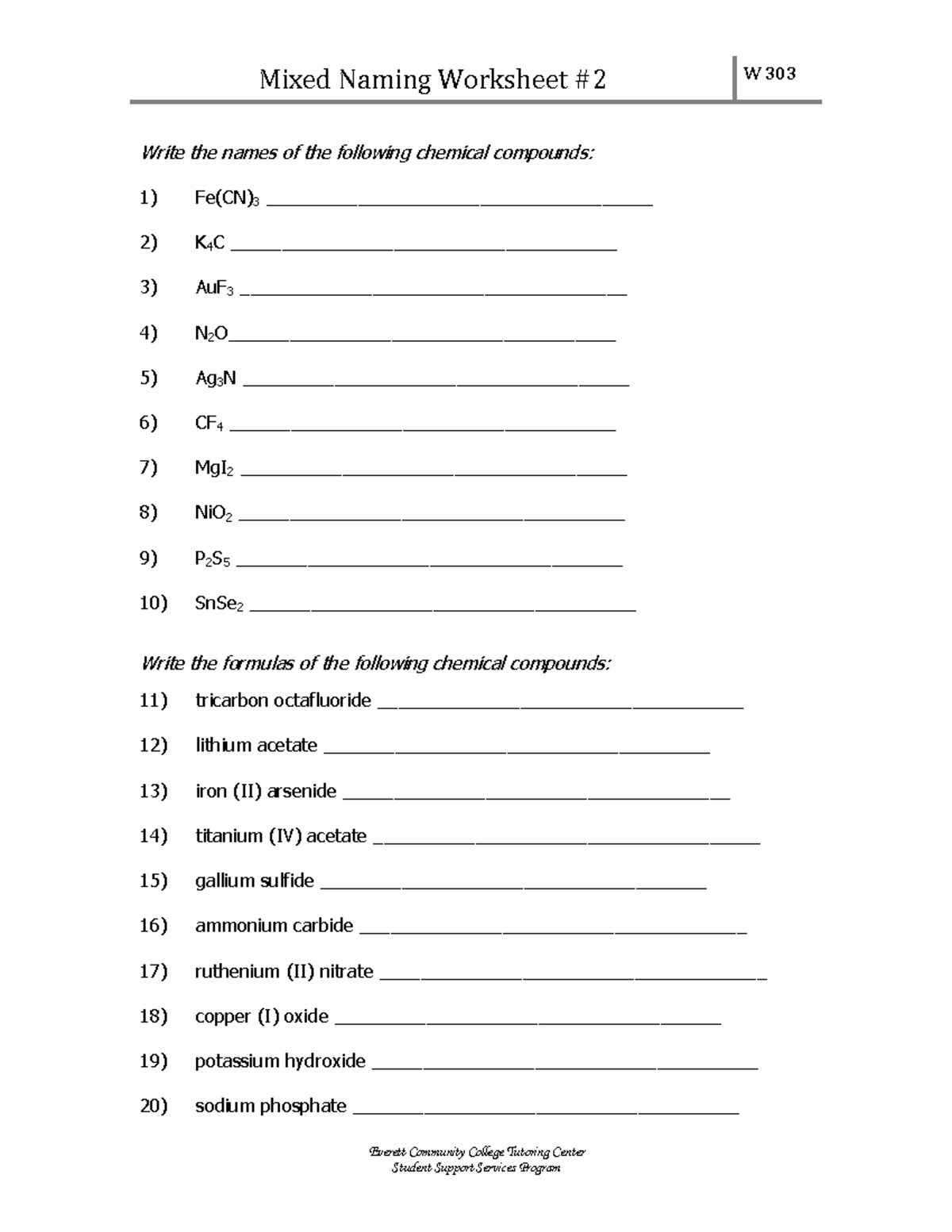 Mixed Naming Worksheet #2 (W 303) for Chemical Compounds - Studocu