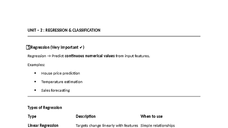 UNIT 2: Regression & Classification Overview - Key Concepts ...