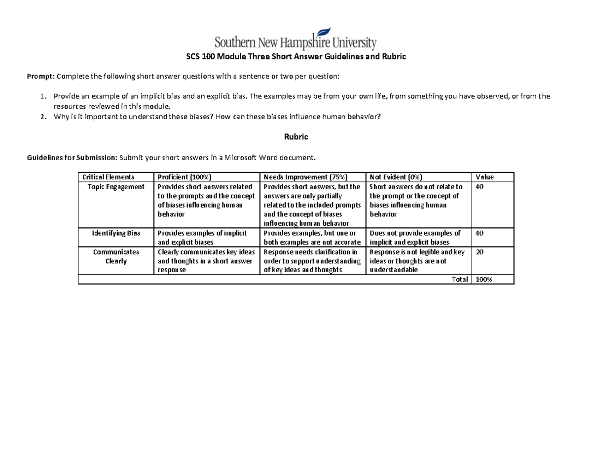 SCS 100 Module Three Short Answer Guidelines and Rubric - The examples ...