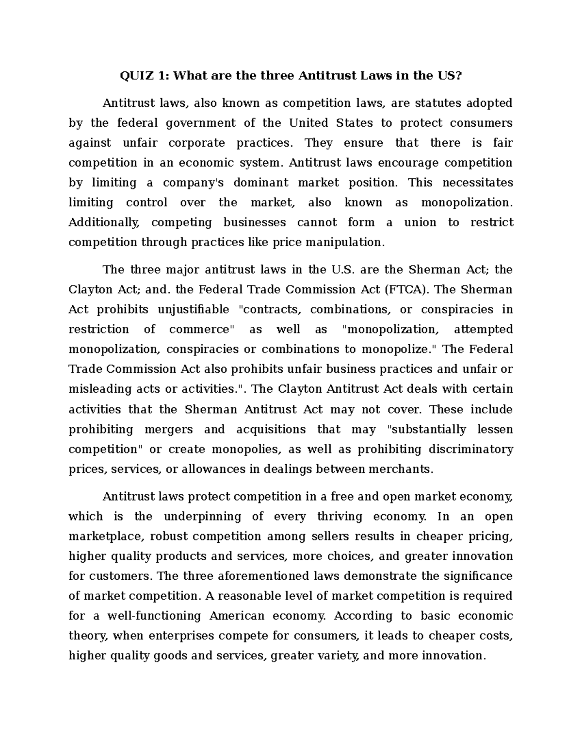 Econ quiz questions - quiz answers on What are the three Antitrust Laws ...
