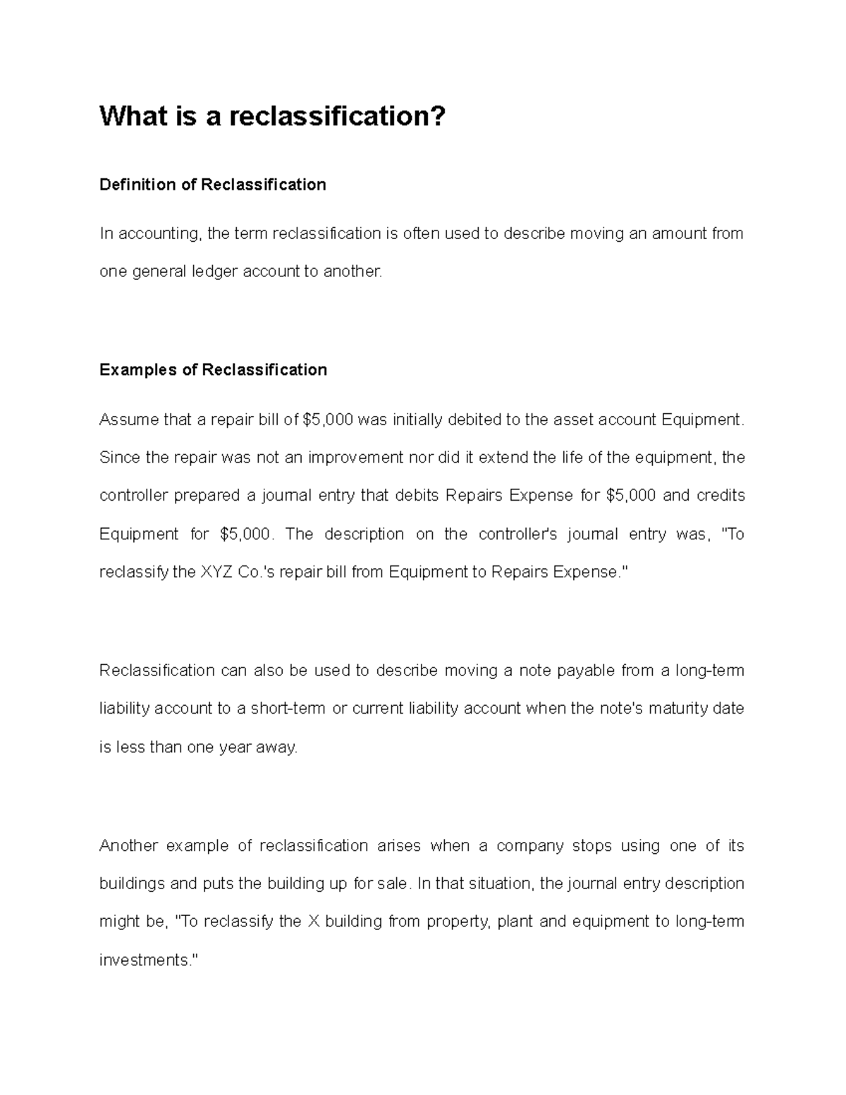 Accounting Reclassification & Long-Term Assets Overview (ACC 101) - Studocu