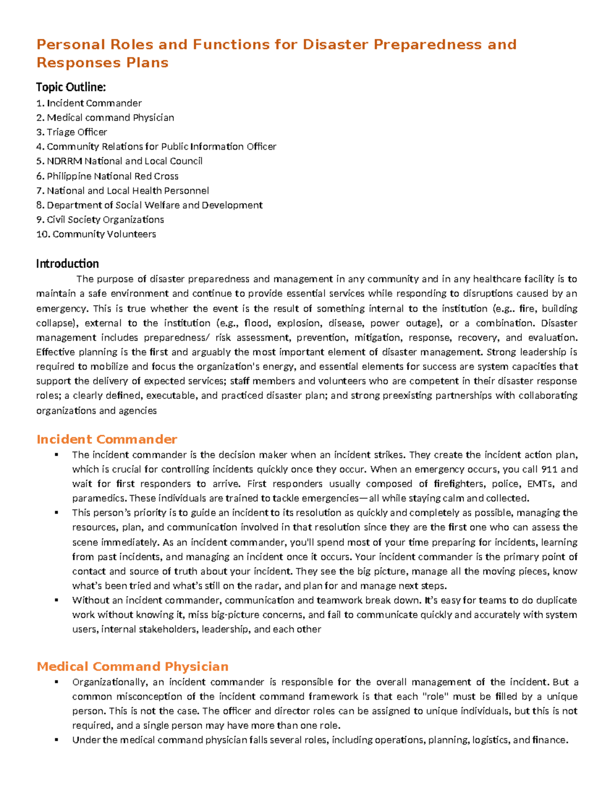 639373225 Group 6 Roles in Disaster Preparedness & Response Plans - Studocu