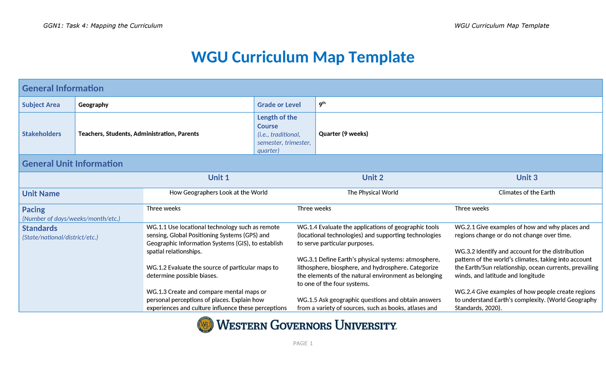 D630 Geography Curriculum Map Template for 9th Grade - Studocu