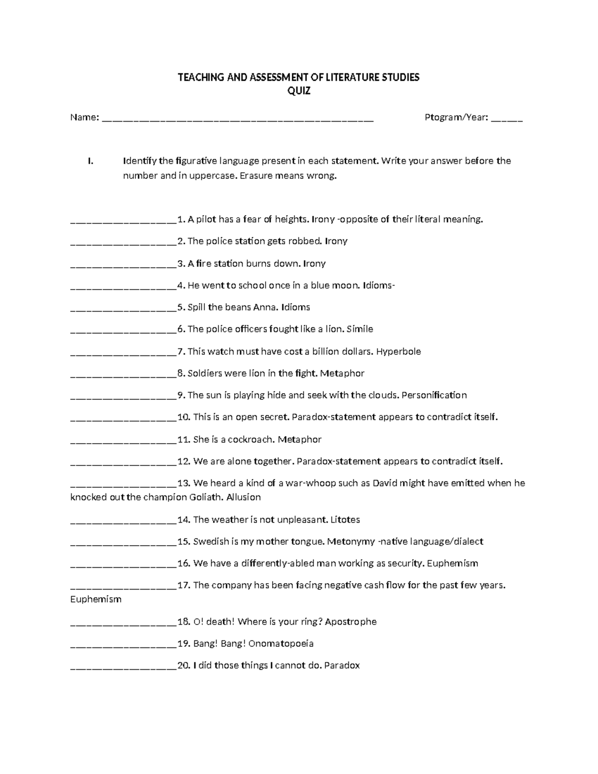LIT 101: TEACHING AND ASSESSMENT OF LITERATURE STUDIES QUIZ - Studocu