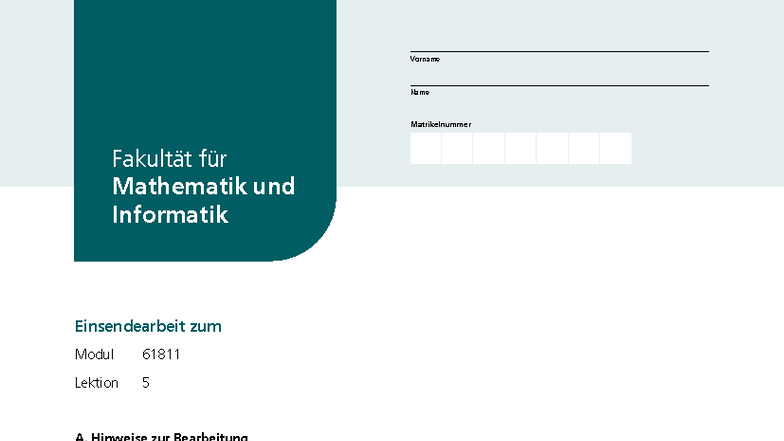 Einsendeaufgaben zu Modul 61811 - Lektion 5 für Mathe und Informatik ...