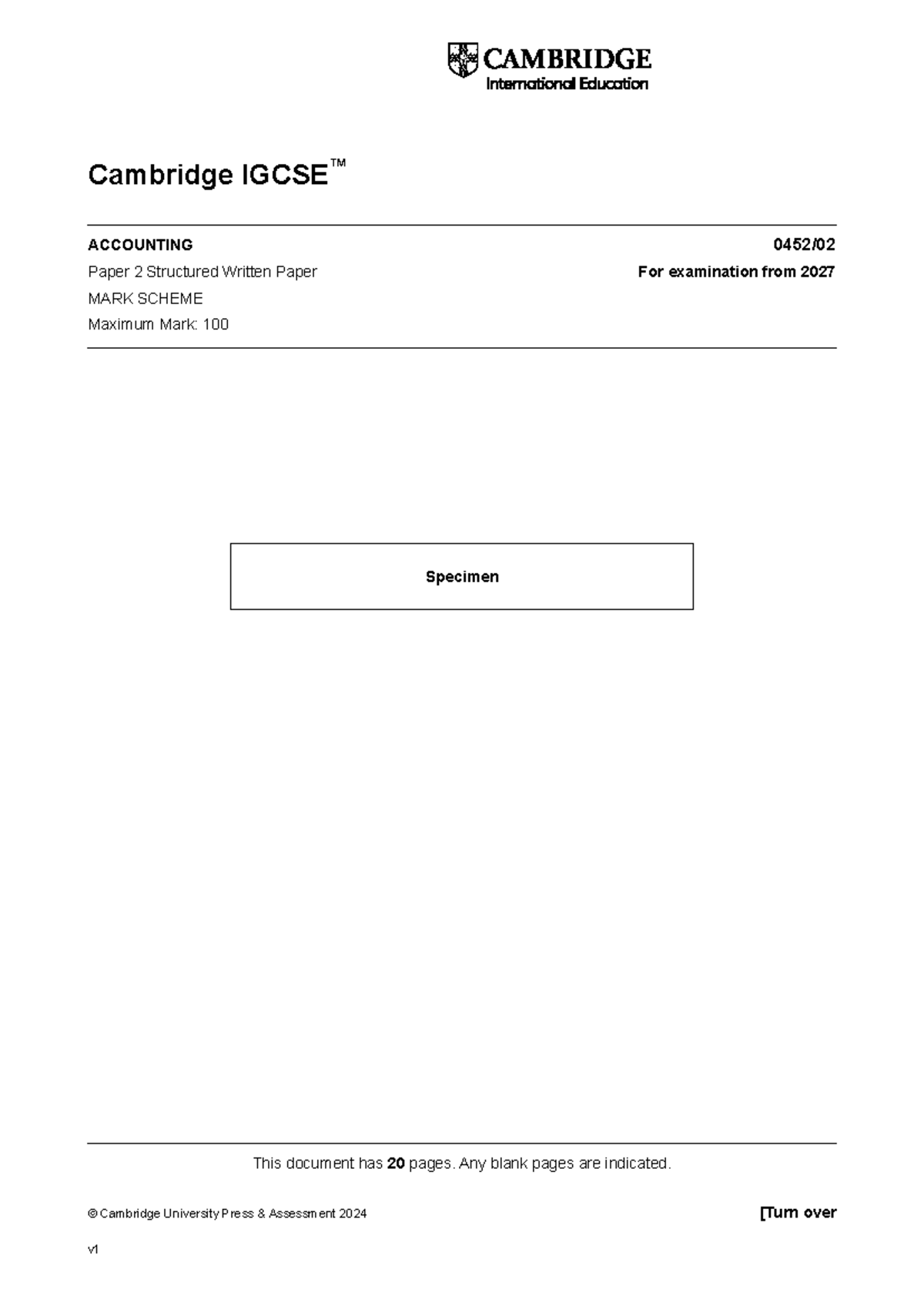 Igcse Accounting 0452/2027 Specimen Paper 2 Mark Scheme Analysis - Studocu