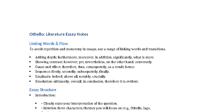 Othello: Lit Essay Notes on Linking Words & Structure - Studocu