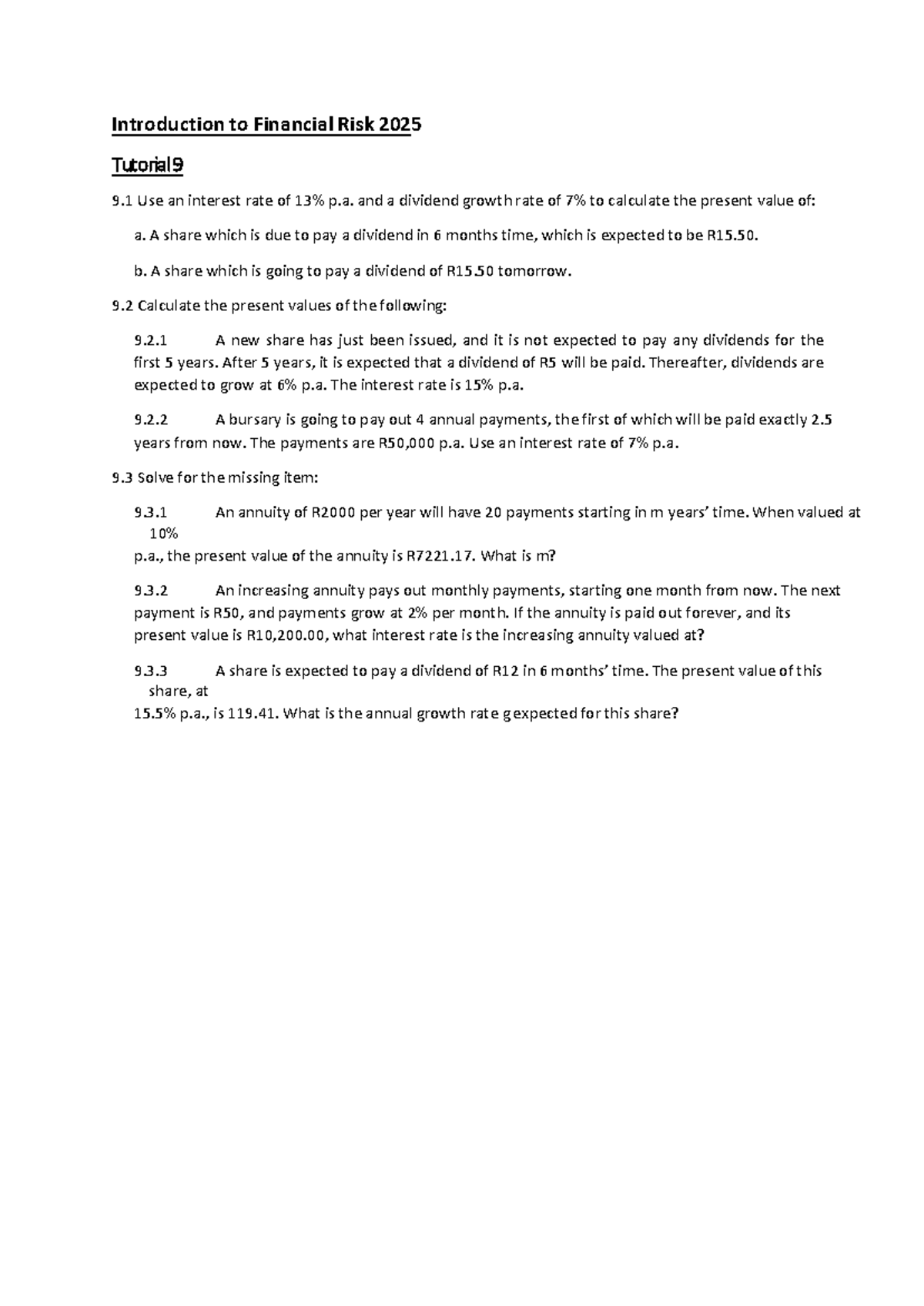 BUS1003H Financial Risk Tutorial 9 Solutions 2025 - Studocu