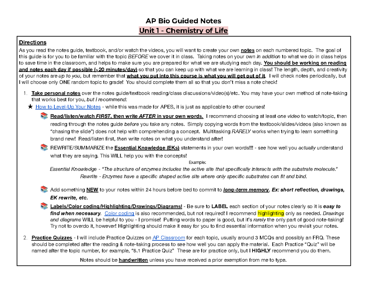 Unit 1 Guided Notes: Chemistry of Life (AP Bio) - Studocu