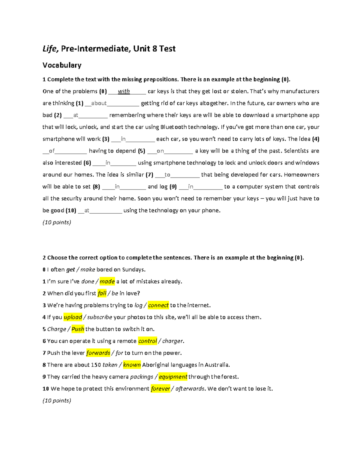 Life 2e Pre intermediate Unit 8 test Word - Life, Pre - Intermediate ...