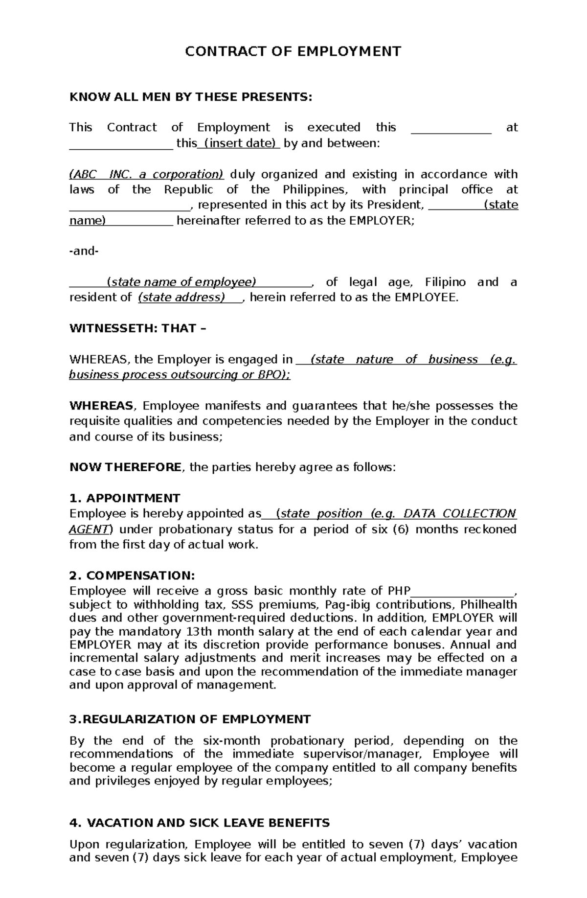 Philippines Employment Contract Sample for ABC INC. - Studocu