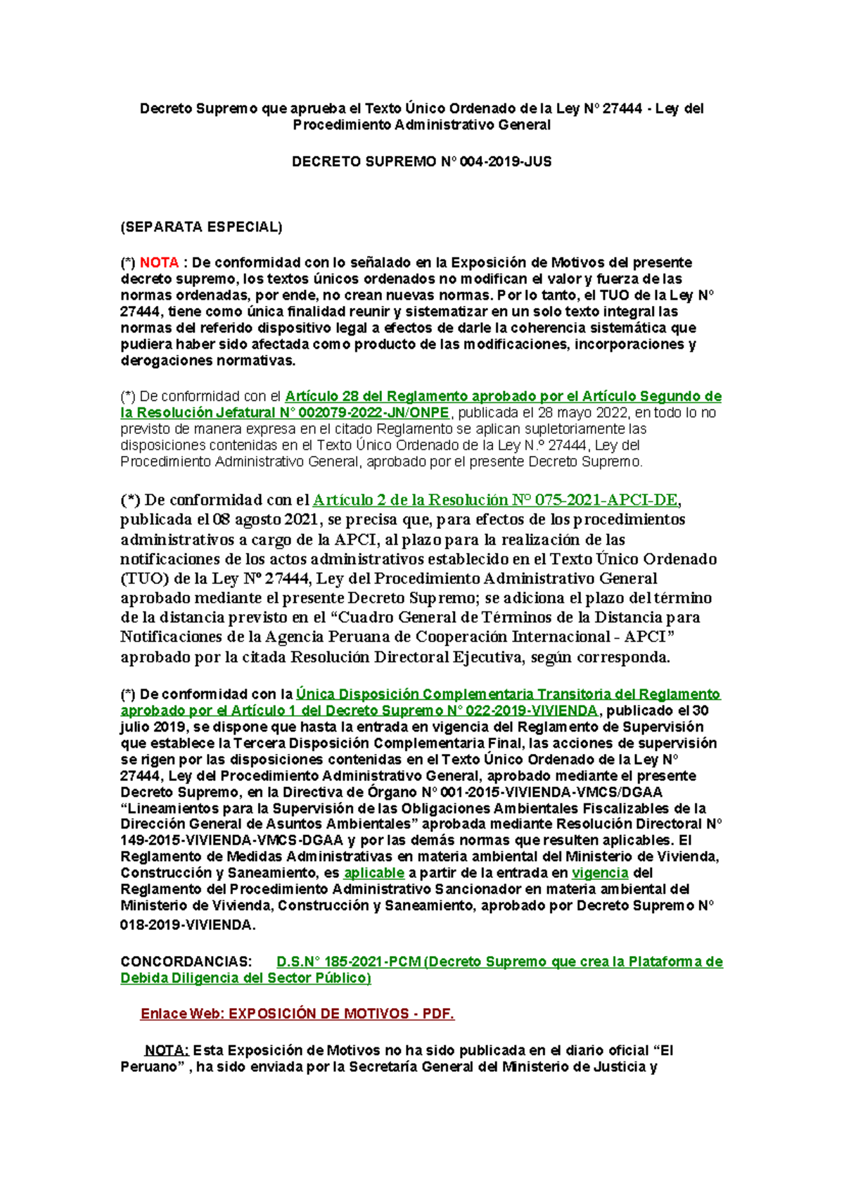 Aprobación del Texto Único Ordenado de la Ley Nº 27444 - Studocu