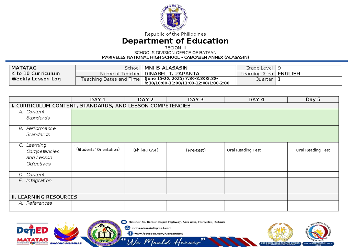 DLL 1st Week - Grade 9 English Daily Lesson Log - Studocu