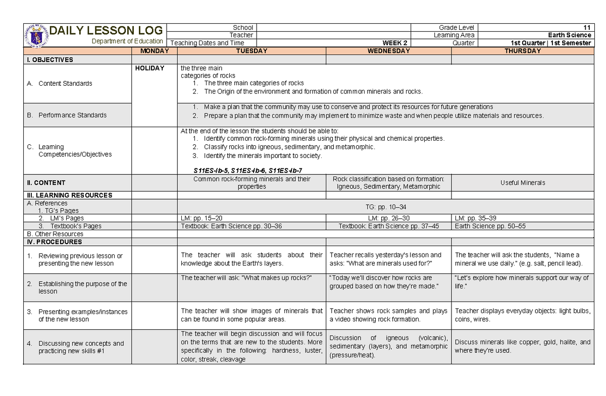 Earth Science Daily Lesson Log (Q1-W2) - Studocu
