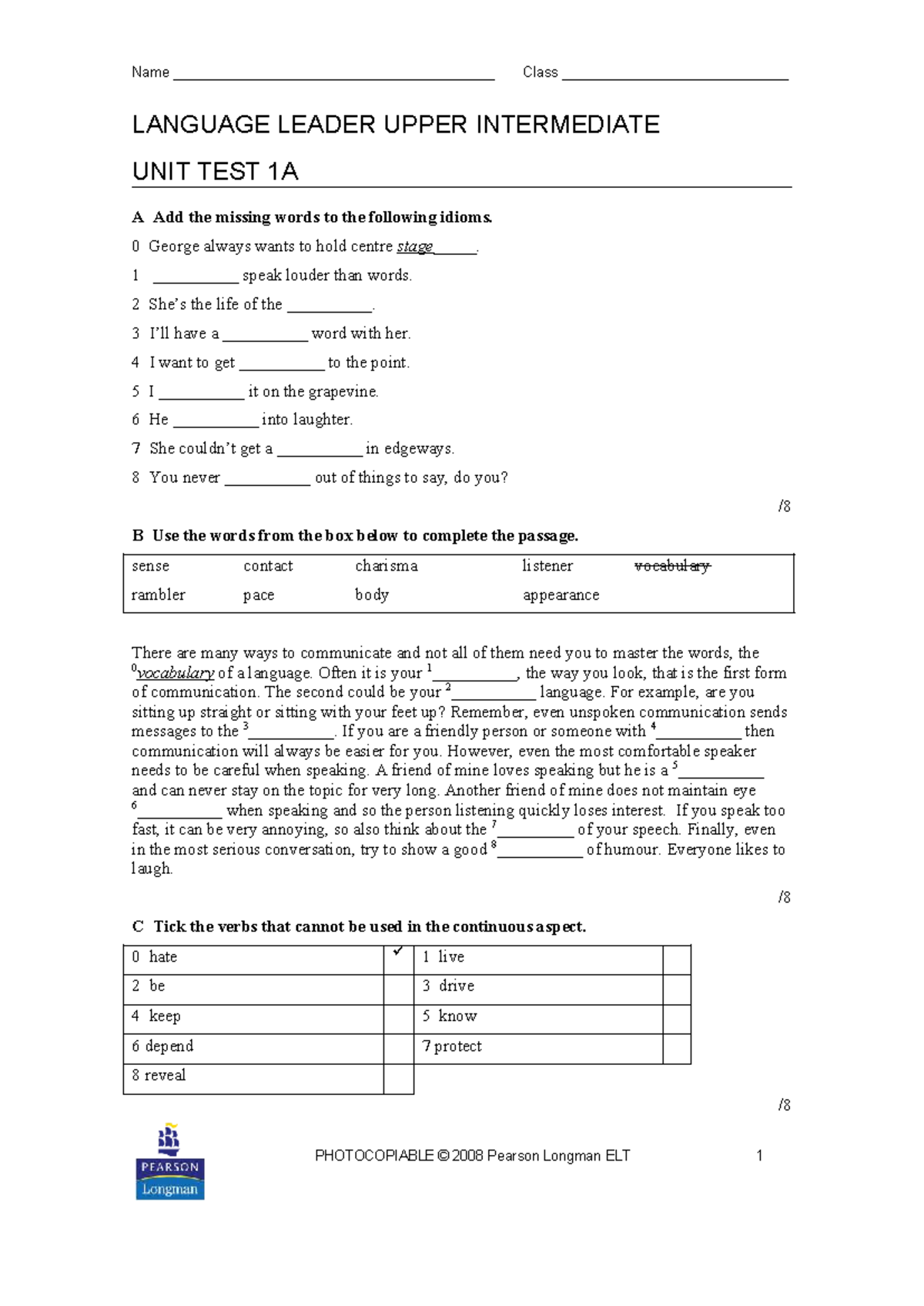LANGUAGE LEADER UPPER INTERMEDIATE UNIT TEST 1A - Idioms ...