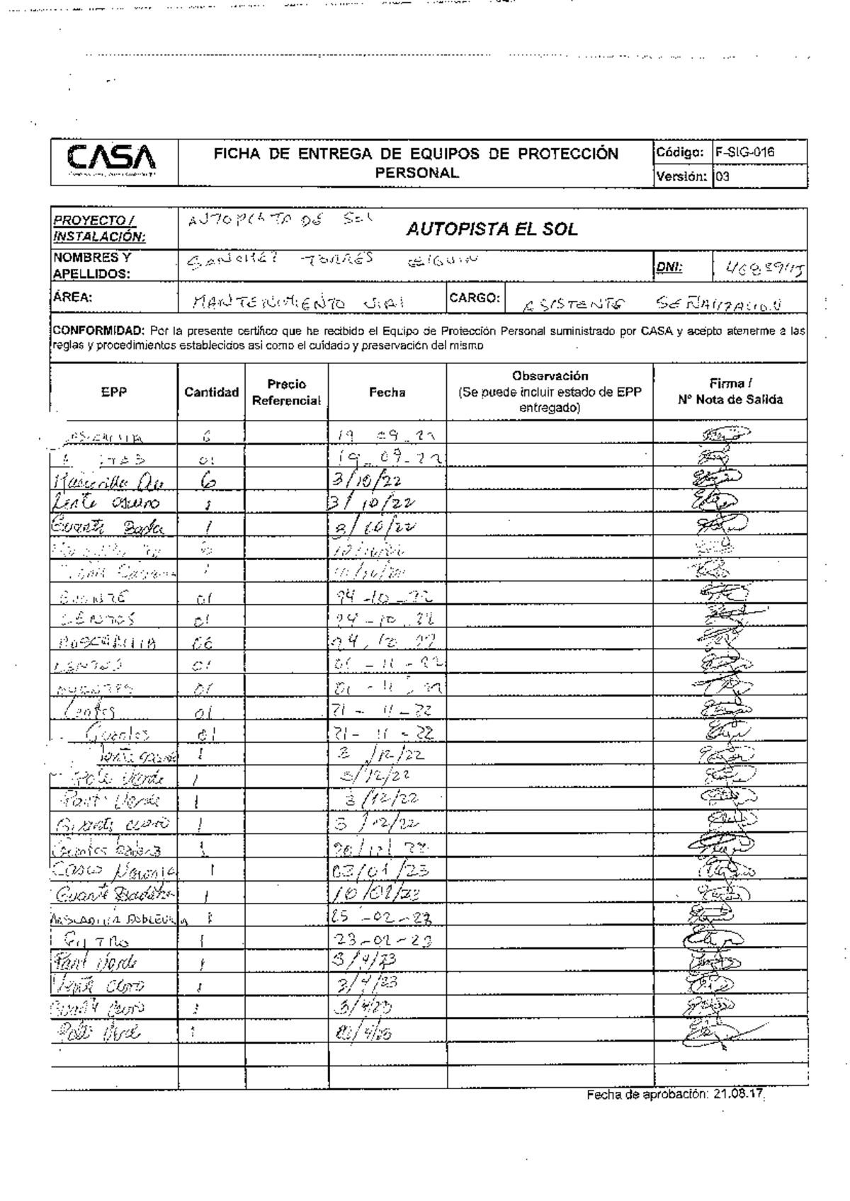 Ficha de Entrega de EPP - Proyecto AJTCPE - Autopista El Sol - Studocu