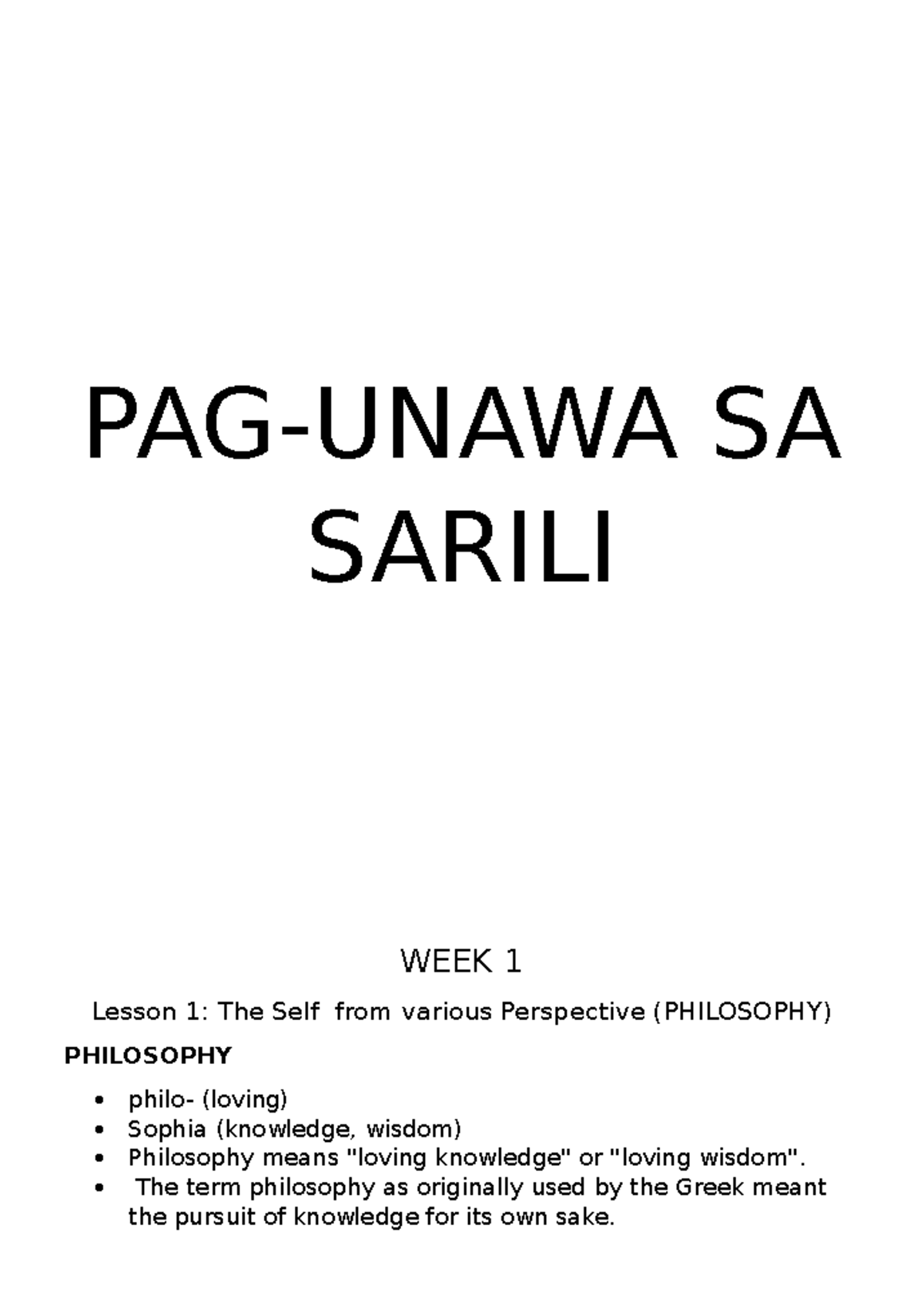 Pag-unawa sa Sarili - Lecture Notes on Various Perspectives - Studocu