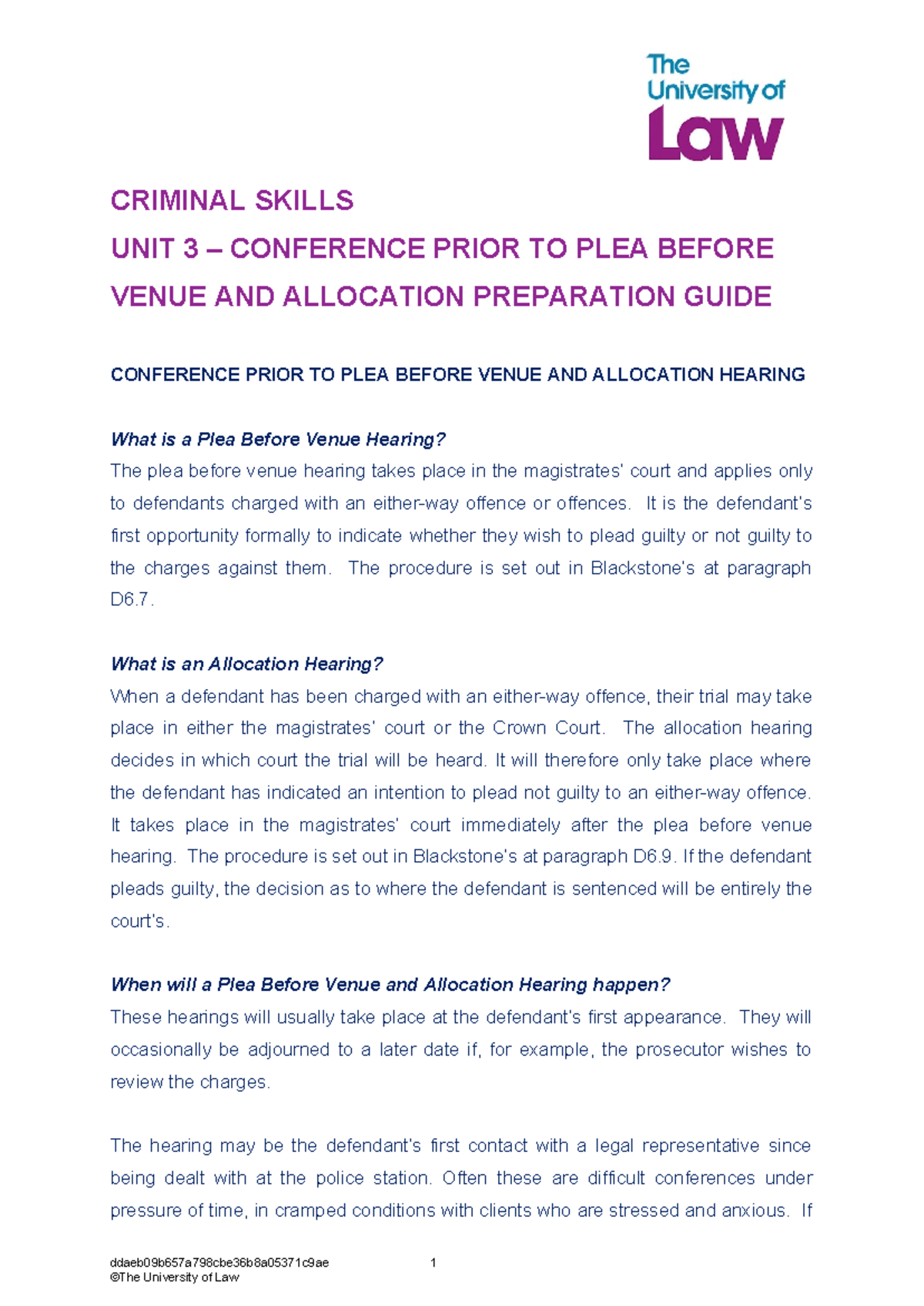 2324 CRIM Unit 03 Plea Before Venue Prep Guide for Defence Counsel ...