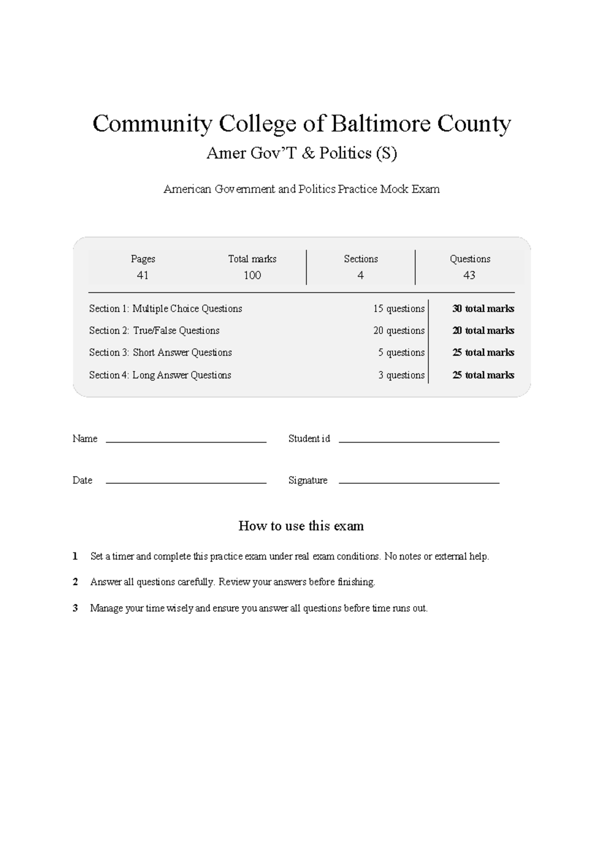 POLS 101 Amer Gov't & Politics (S) CCBC Practice Mock Exam 2026 - Studocu