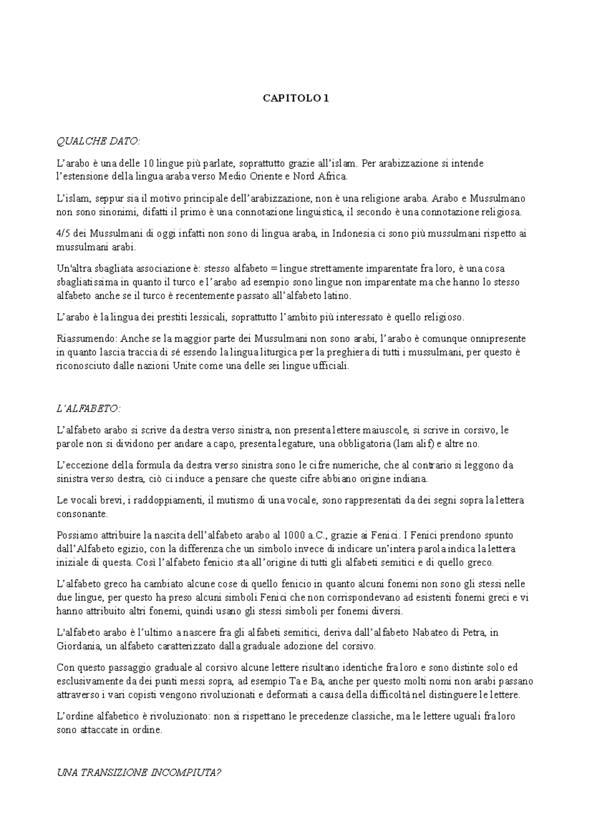 Riassunto Corso di Lingua Araba - Introduzione e Alfabetizzazione - Studocu