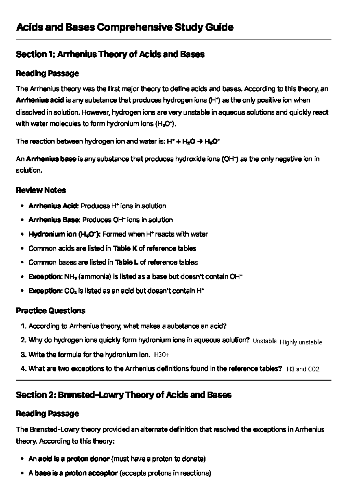 Acids and Bases Study Guide (Chem 101): Arrhenius Theory & Beyond - Studocu