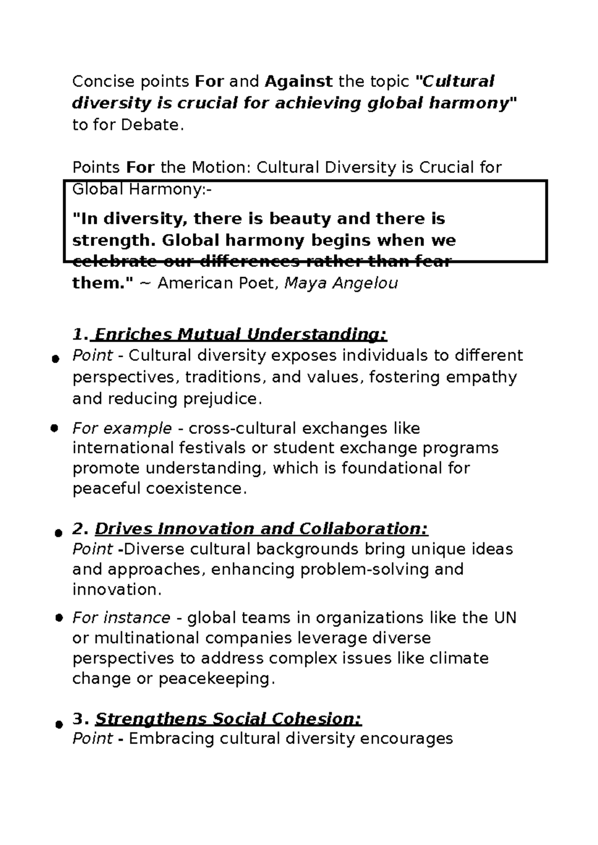 Debate Notes: Cultural Diversity's Role in Global Harmony - Studocu