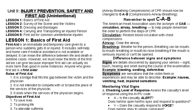Unit II: Injury Prevention, Safety & First Aid (Unintentional) - Lesson ...