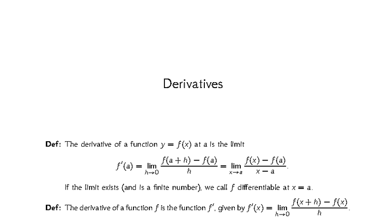 Derivatives Overview: Key Definitions & Rules for Calculus (MATH101) - Studocu