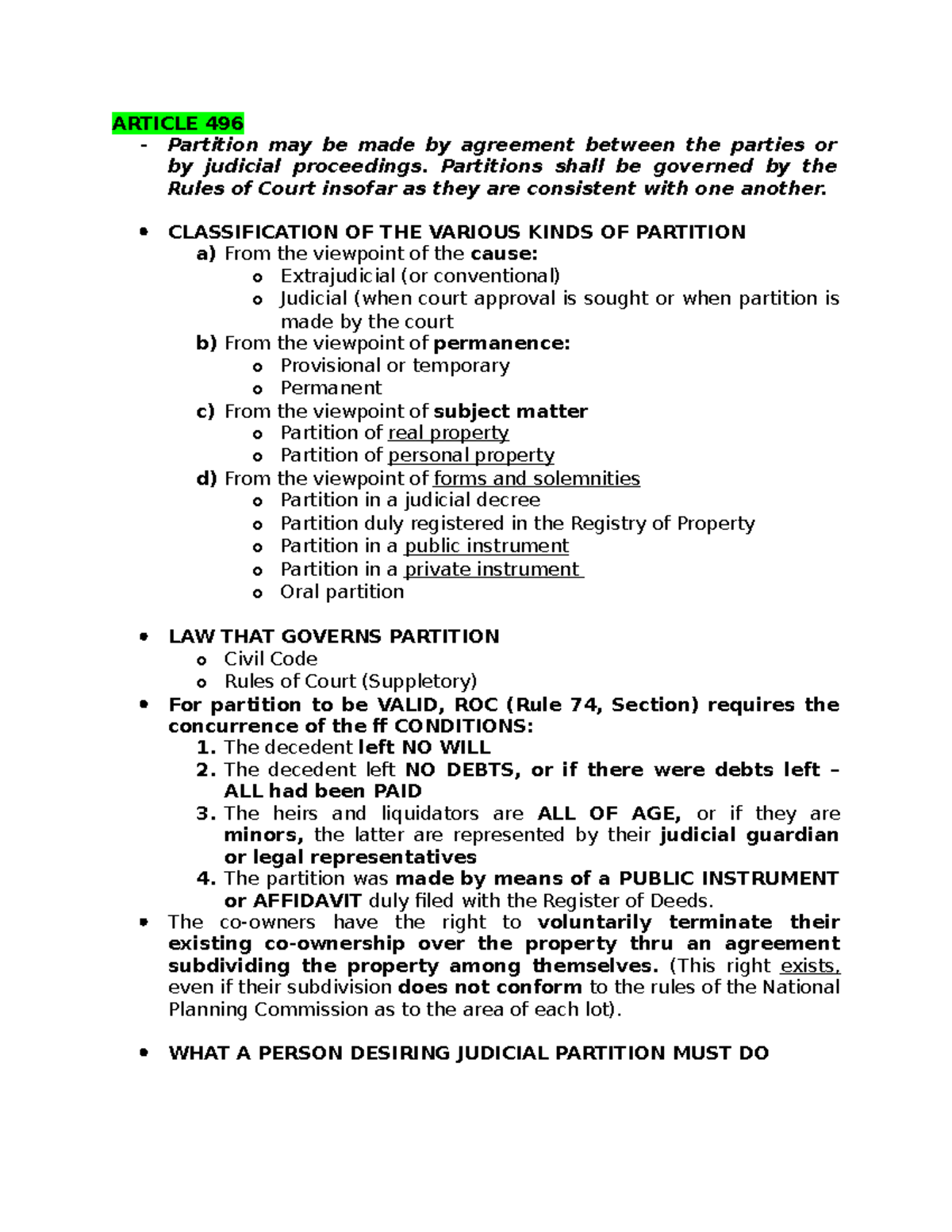 ARTICLE 496: Understanding Partition Types and Legal Framework - Studocu