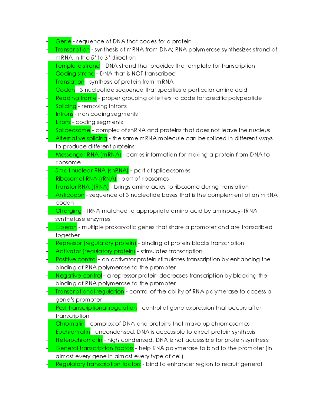 BIO 150 E3 Lecture Vocabulary: Key Terms in Genetics and Transcription ...