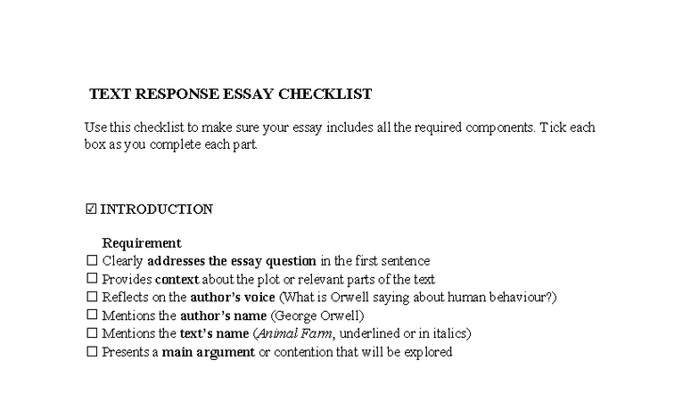 TEXT RESPONSE ESSAY CHECKLIST: ANIMAL FARM (ENG101) - Studocu