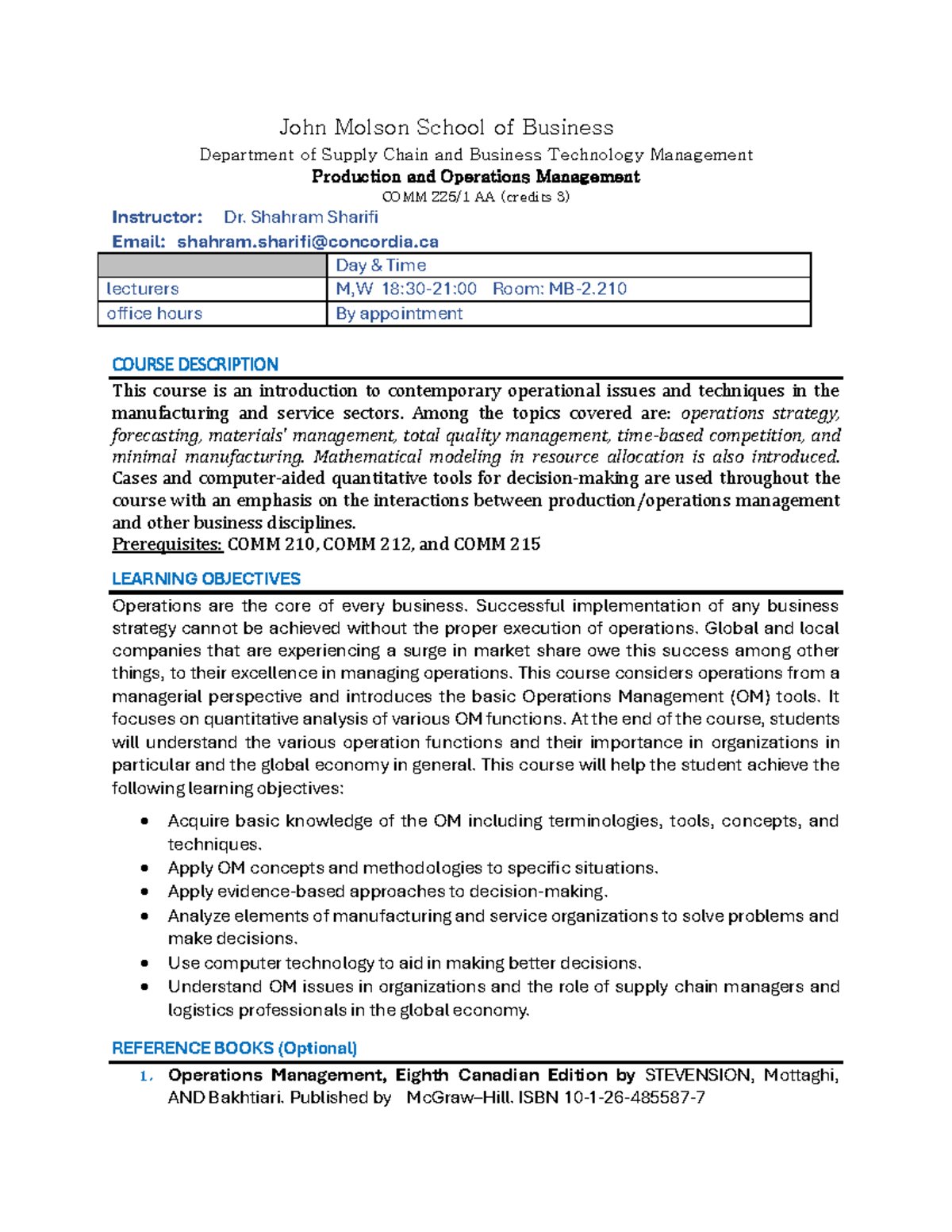 Operations Management Course Outline COMM AA - John Molson School of ...