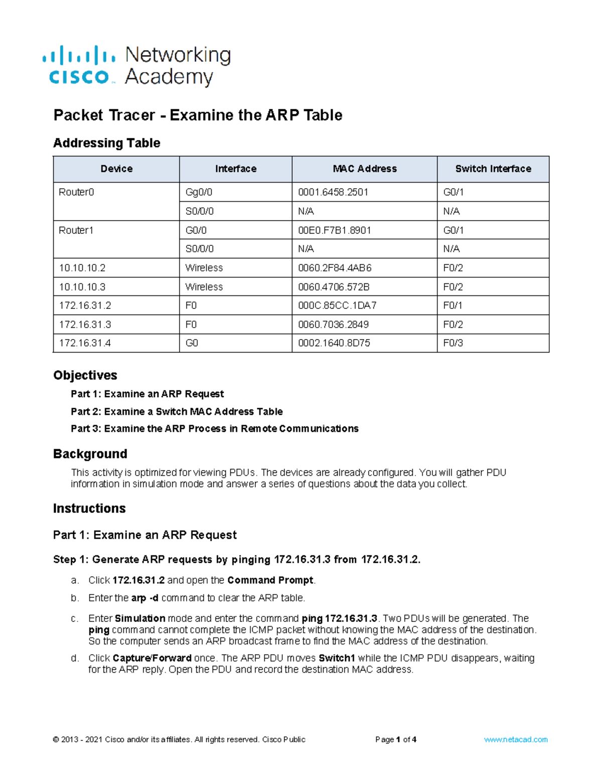9.2.9 Packet Tracer - Analyzing ARP and MAC Address Tables - Studocu